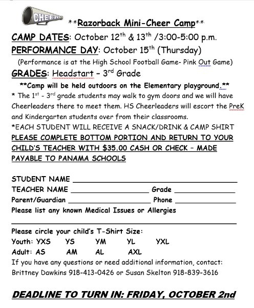 Panama Public Schools - **Razorback Mini-Cheer Camp**